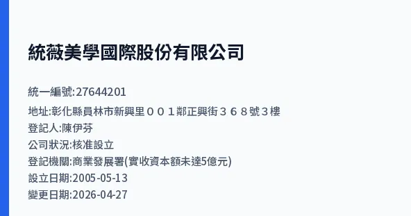 統薇美學國際股份有限公司的照片-統編 27644201(彰化縣) 公司登記資料與營業項目詳細圖表