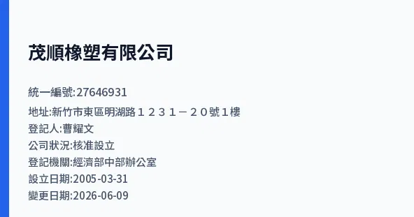 茂順橡塑有限公司的照片-統編 27646931(新竹市) 公司登記資料與營業項目詳細圖表