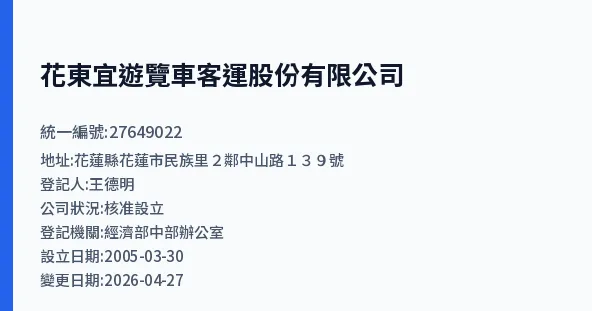 京賀聖遊覽車股份有限公司的照片-統編 27649022(花蓮縣) 公司登記資料與營業項目詳細圖表