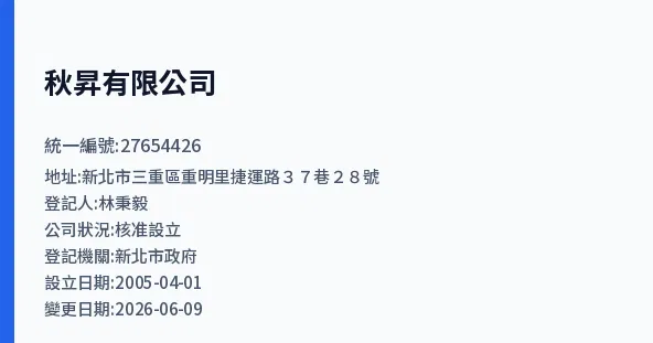 秋昇有限公司的照片-統編 27654426(新北市) 公司登記資料與營業項目詳細圖表
