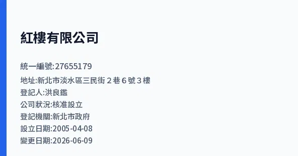紅樓有限公司的照片-統編 27655179(新北市) 公司登記資料與營業項目詳細圖表