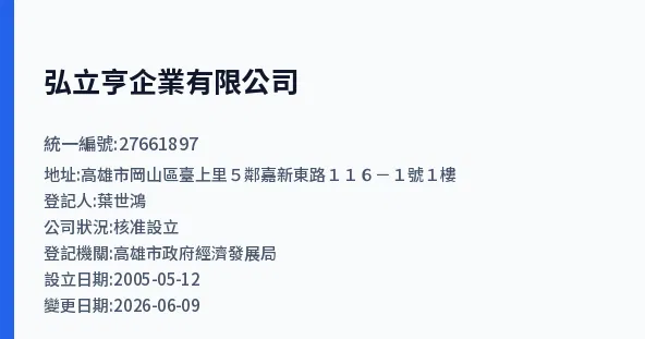 弘立亨企業有限公司的照片-統編 27661897(高雄市) 公司登記資料與營業項目詳細圖表
