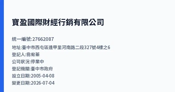 寶盈國際財經行銷有限公司的照片-統編 27662087(臺中市) 公司登記資料與營業項目詳細圖表