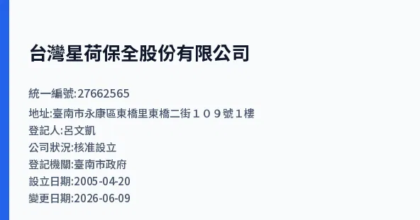 台灣星荷保全股份有限公司的照片-統編 27662565(臺南市) 公司登記資料與營業項目詳細圖表