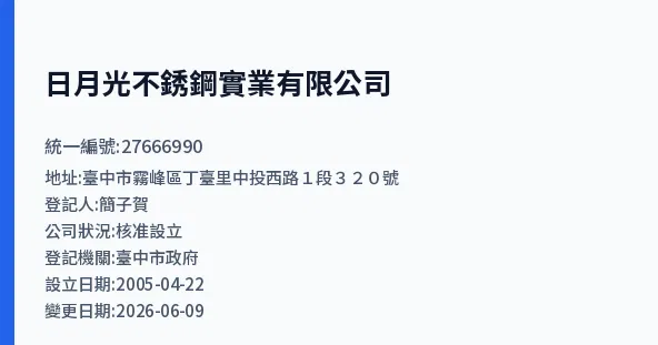 日月光不銹鋼實業有限公司的照片-統編 27666990(臺中市) 公司登記資料與營業項目詳細圖表