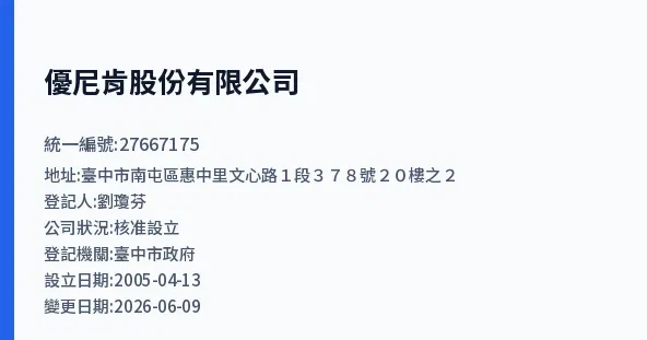 優尼肯股份有限公司的照片-統編 27667175(臺中市) 公司登記資料與營業項目詳細圖表