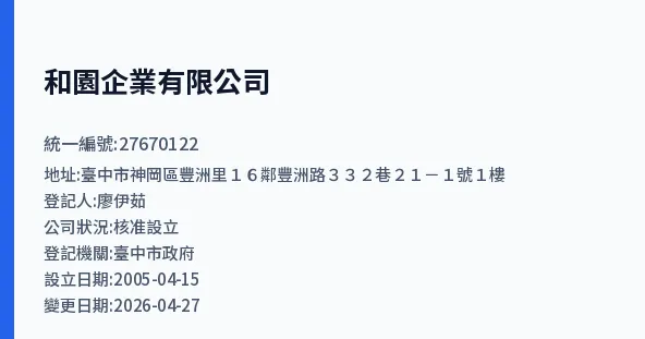 和園企業有限公司的照片-統編 27670122(臺中市) 公司登記資料與營業項目詳細圖表