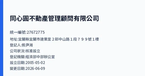 同心圓不動產管理顧問有限公司的照片-統編 27672775(宜蘭縣) 公司登記資料與營業項目詳細圖表