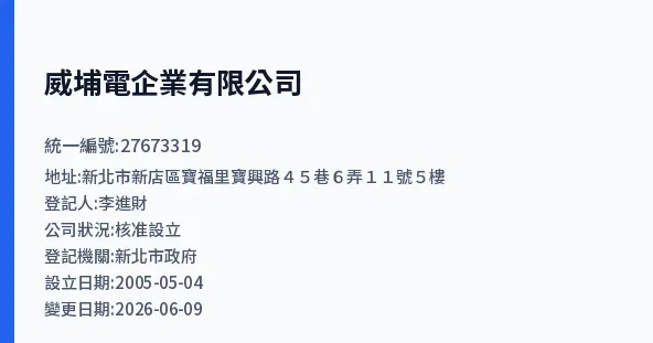 威埔電企業有限公司的照片-統編 27673319(新北市) 公司登記資料與營業項目詳細圖表
