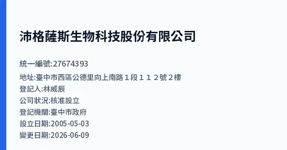 沛格薩斯生物科技股份有限公司的照片-統編 27674393(臺中市) 公司登記資料與營業項目詳細圖表