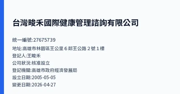 台灣畯禾國際健康管理諮詢有限公司的照片-統編 27675739(高雄市) 公司登記資料與營業項目詳細圖表