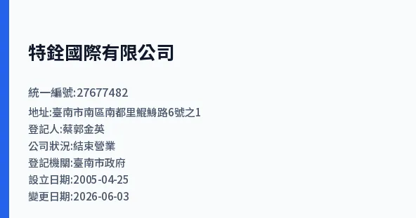 特銓國際有限公司的照片-統編 27677482(臺南市) 公司登記資料與營業項目詳細圖表