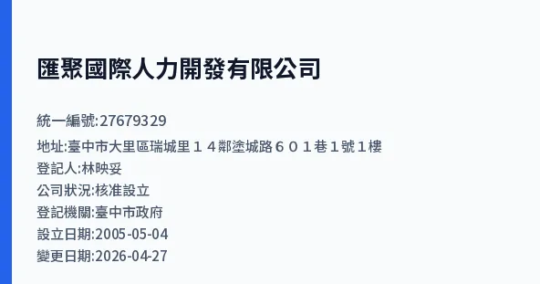 匯聚國際人力開發有限公司的照片-統編 27679329(臺中市) 公司登記資料與營業項目詳細圖表