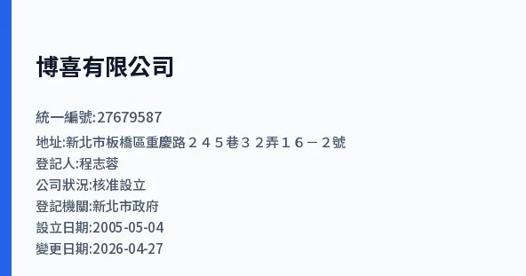 博喜有限公司的照片-統編 27679587(新北市) 公司登記資料與營業項目詳細圖表