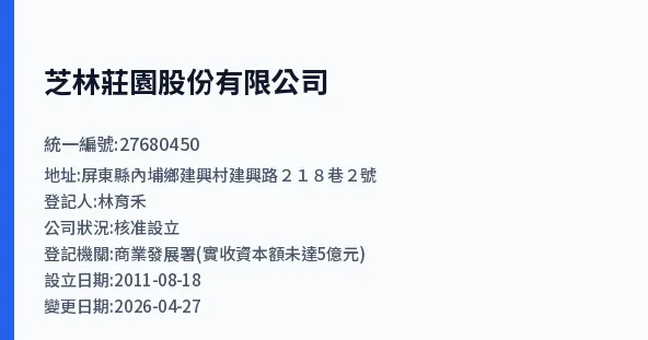 芝林莊園股份有限公司的照片-統編 27680450(屏東縣) 公司登記資料與營業項目詳細圖表