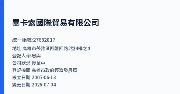畢卡索國際貿易有限公司的照片-統編 27682817(高雄市) 公司登記資料與營業項目詳細圖表