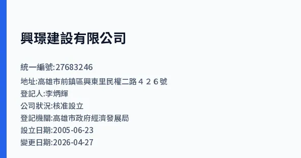 興璟建設有限公司的照片-統編 27683246(高雄市) 公司登記資料與營業項目詳細圖表