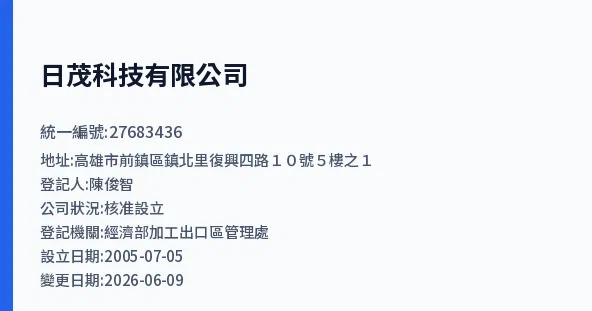 日茂科技有限公司的照片-統編 27683436(高雄市) 公司登記資料與營業項目詳細圖表