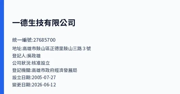 一德生技有限公司的照片-統編 27685700(高雄市) 公司登記資料與營業項目詳細圖表