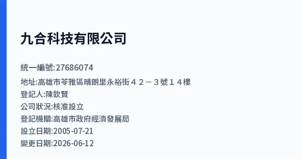 九合科技有限公司的照片-統編 27686074(高雄市) 公司登記資料與營業項目詳細圖表
