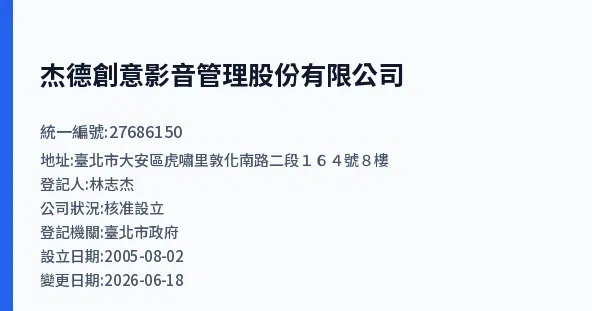 杰德創意影音管理股份有限公司的照片-統編 27686150(臺北市) 公司登記資料與營業項目詳細圖表