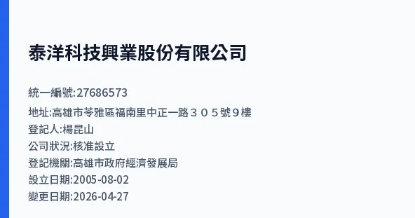 泰洋科技興業股份有限公司的照片-統編 27686573(高雄市) 公司登記資料與營業項目詳細圖表
