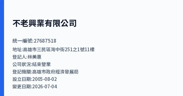 不老興業有限公司的照片-統編 27687518(高雄市) 公司登記資料與營業項目詳細圖表