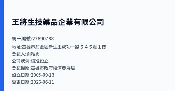 王將生技藥品企業有限公司的照片-統編 27690788(高雄市) 公司登記資料與營業項目詳細圖表