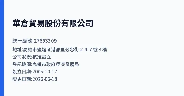 華倉貿易股份有限公司的照片-統編 27693309(高雄市) 公司登記資料與營業項目詳細圖表