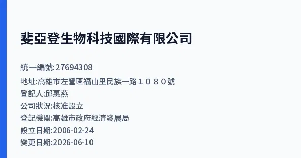 斐亞登生物科技國際有限公司的照片-統編 27694308(高雄市) 公司登記資料與營業項目詳細圖表