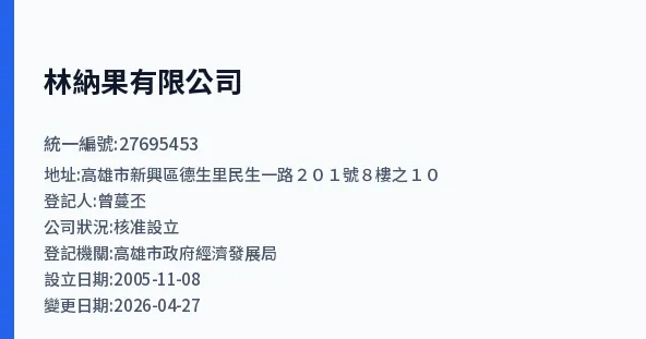 林納果有限公司的照片-統編 27695453(高雄市) 公司登記資料與營業項目詳細圖表