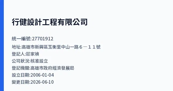 行健設計工程有限公司的照片-統編 27701912(高雄市) 公司登記資料與營業項目詳細圖表