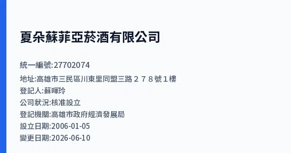 夏朵蘇菲亞菸酒有限公司的照片-統編 27702074(高雄市) 公司登記資料與營業項目詳細圖表