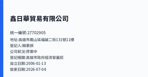 鑫日華貿易有限公司的照片-統編 27702905(高雄市) 公司登記資料與營業項目詳細圖表