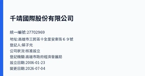 千靖國際股份有限公司的照片-統編 27702969(高雄市) 公司登記資料與營業項目詳細圖表