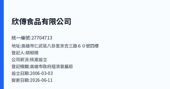 欣傳食品有限公司的照片-統編 27704713(高雄市) 公司登記資料與營業項目詳細圖表
