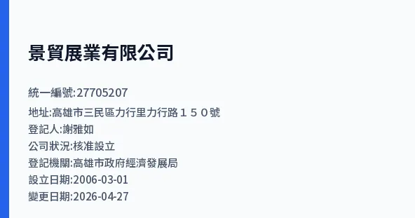 景貿展業有限公司的照片-統編 27705207(高雄市) 公司登記資料與營業項目詳細圖表