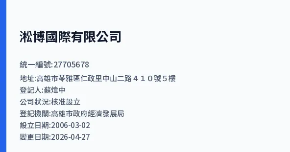 淞博國際有限公司的照片-統編 27705678(高雄市) 公司登記資料與營業項目詳細圖表