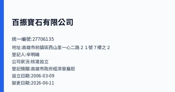 百振寶石有限公司的照片-統編 27706135(高雄市) 公司登記資料與營業項目詳細圖表