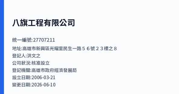 八旗工程有限公司的照片-統編 27707211(高雄市) 公司登記資料與營業項目詳細圖表