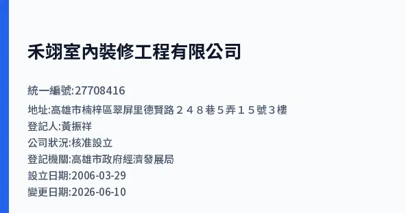 禾翊室內裝修工程有限公司的照片-統編 27708416(高雄市) 公司登記資料與營業項目詳細圖表