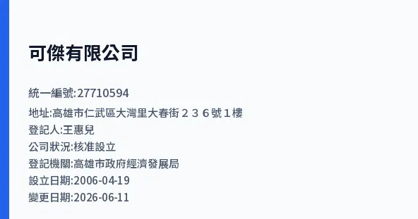 可傑有限公司的照片-統編 27710594(高雄市) 公司登記資料與營業項目詳細圖表