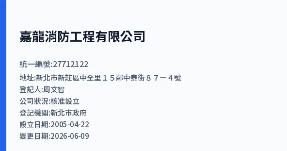 嘉龍消防工程有限公司的照片-統編 27712122(新北市) 公司登記資料與營業項目詳細圖表