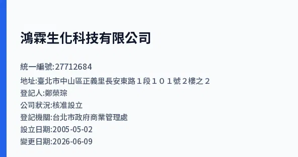 鴻霖生化科技有限公司的照片-統編 27712684(臺北市) 公司登記資料與營業項目詳細圖表