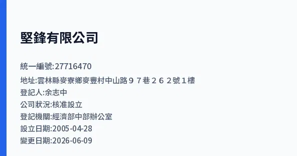 堅鋒有限公司的照片-統編 27716470(雲林縣) 公司登記資料與營業項目詳細圖表