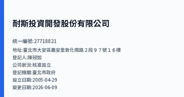 耐斯投資開發股份有限公司的照片-統編 27718821(臺北市) 公司登記資料與營業項目詳細圖表