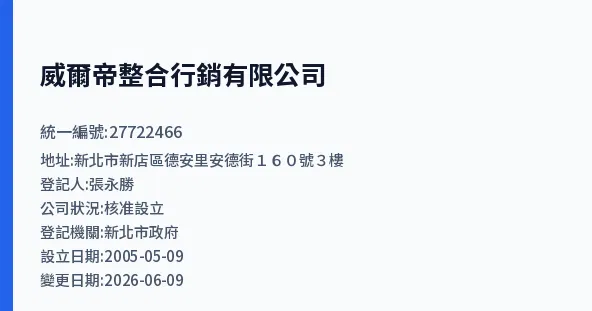 威爾帝整合行銷有限公司的照片-統編 27722466(新北市) 公司登記資料與營業項目詳細圖表