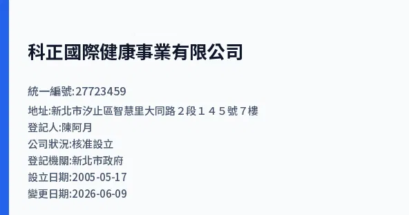 科正國際健康事業有限公司的照片-統編 27723459(新北市) 公司登記資料與營業項目詳細圖表