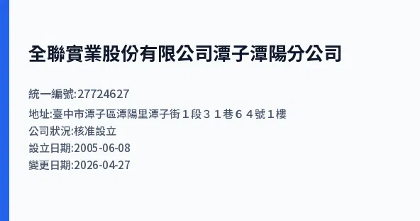 全聯實業股份有限公司潭子潭陽分公司的照片-統編 27724627(臺中市) 公司登記資料與營業項目詳細圖表