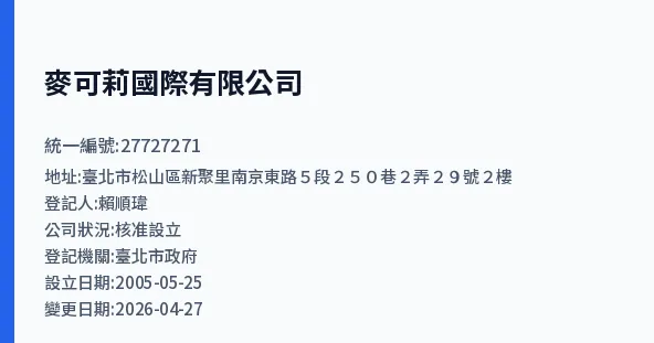 麥可莉國際有限公司的照片-統編 27727271(臺北市) 公司登記資料與營業項目詳細圖表
